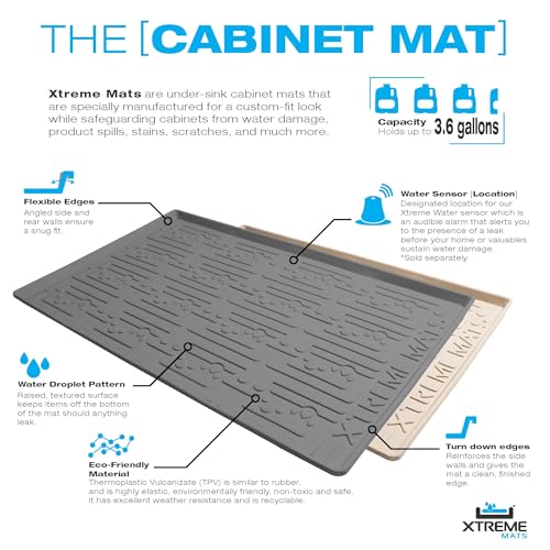 Xtreme Mats - Waterproof Under Sink Mat Shelf Liner Cabinet Liner for Kitchen & Laundry Cabinets (Gray 34" 1/4 x 22 1/4) Kitchen Cabinet Shelf Protector Flexible Under Kitchen Sink Drip Tray Liner