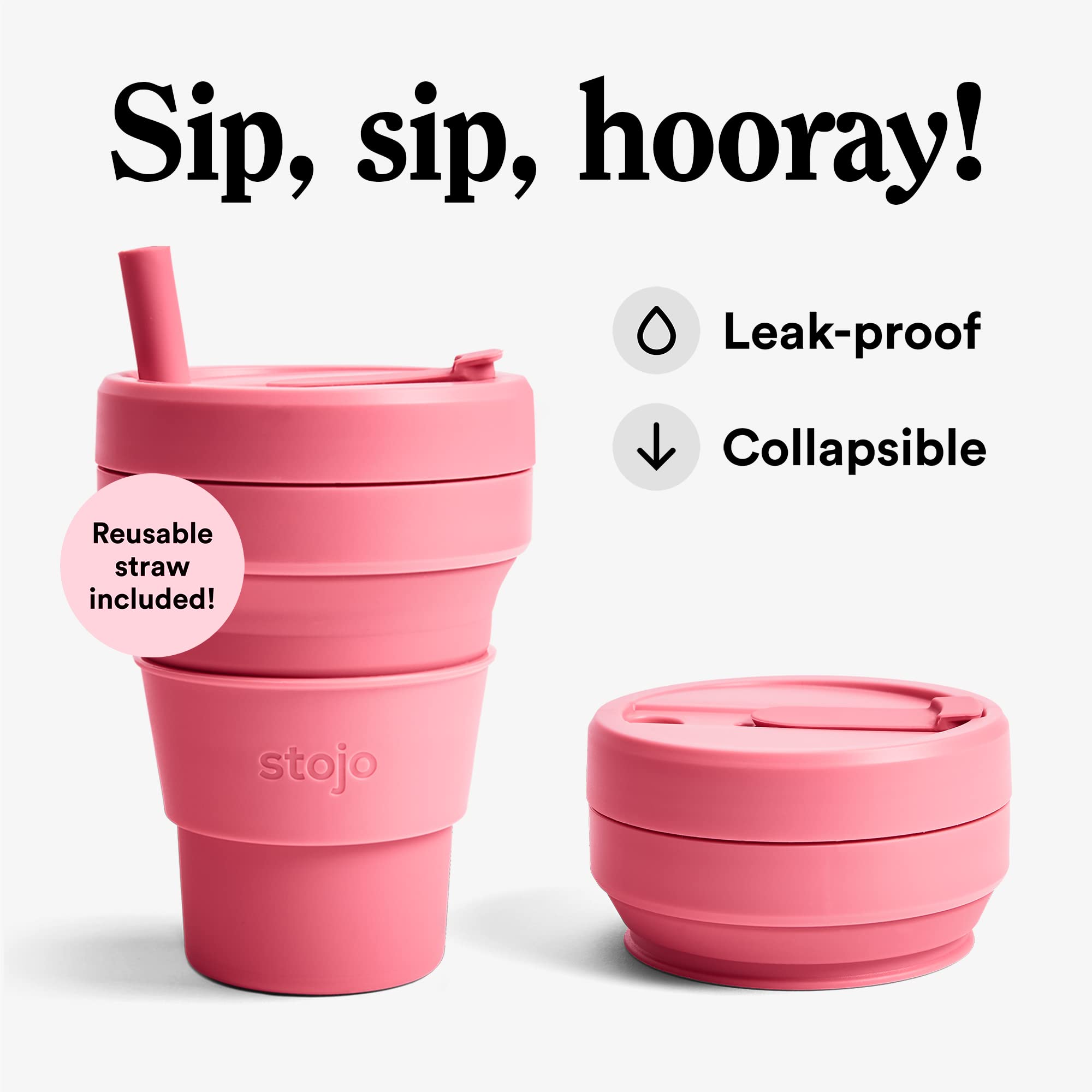 STOJO Jr Collapsible Travel Cup with Straw for Kids - Peony Pink, 8oz / 250ml - Leak-Proof Reusable To-Go Pocket Size Silicone Bottle for Hot & Cold Drinks - Camping & Hiking - Dishwasher Safe