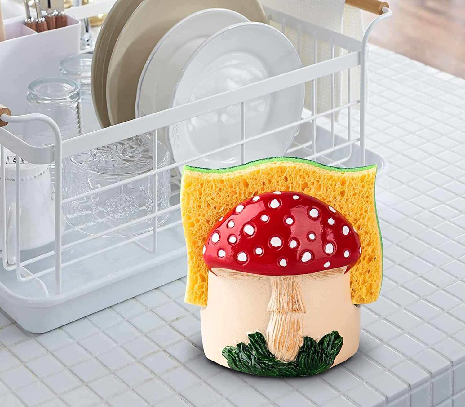 dgudgu Mushroom Kitchen Sponge Holder Resin Sponge Dish Red Sponge Holder for Kitchen Sink Caddy Decor for Kitchen Kitchen Sink Accessories Sponge Holder