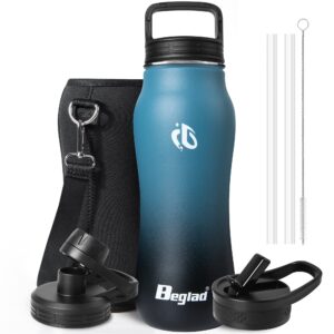 beglad insulated water bottle 32 oz, stainless steel wide mouth double vacuum thermos flask with 3 lids reusable leak proof bpa-free metal water bottle for sports camping, indigo black gradient