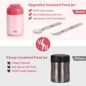 Avovy Thermos for Hot Food - 22 Oz Insulated Food Jar, Insulated Lunch Container with Bowl, Foldable Spoon& Fork, Powerful Insulated Food Thermos for School Office Camping Travel (Pink)