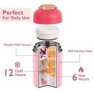 Avovy Thermos for Hot Food - 22 Oz Insulated Food Jar, Insulated Lunch Container with Bowl, Foldable Spoon& Fork, Powerful Insulated Food Thermos for School Office Camping Travel (Pink)