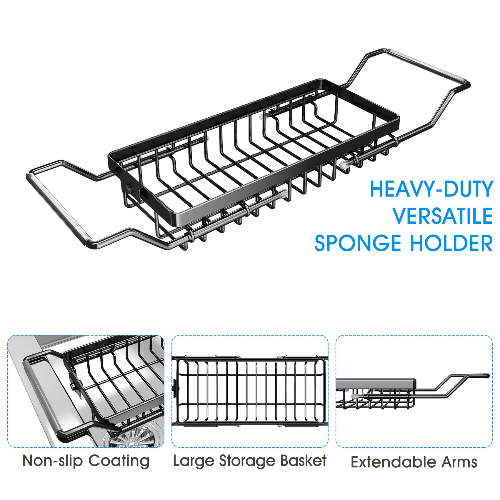 Sink Caddy Sponge Holder Telescopic Kitchen Sink Organizer, Expandable 16.7" to 21" Over The Kitchen Sink Accessories with Dishcloth Towel Holder for Rag Brush Soap Dishwashing Liquid