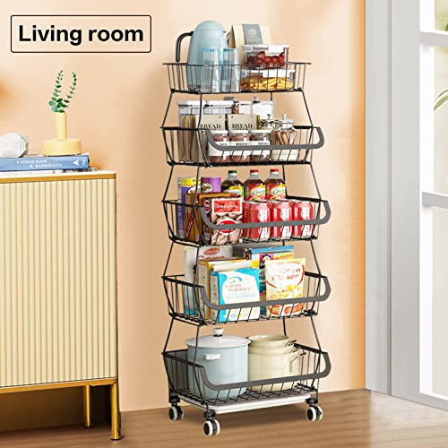 5 Tier Fruit Basket for Kitchen,Stackable and Vegetable Storage Stand Cart,Vegetable Organizer Produce Bins Rack Onions Potatoes,Metal Wire Baskets,Black