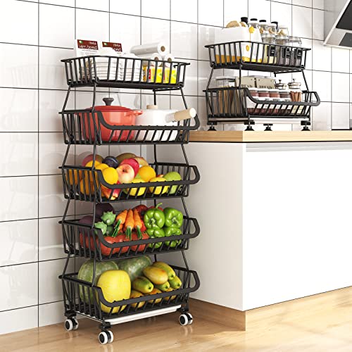 5 Tier Fruit Basket for Kitchen,Stackable and Vegetable Storage Stand Cart,Vegetable Organizer Produce Bins Rack Onions Potatoes,Metal Wire Baskets,Black