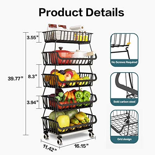 5 Tier Fruit Basket for Kitchen,Stackable and Vegetable Storage Stand Cart,Vegetable Organizer Produce Bins Rack Onions Potatoes,Metal Wire Baskets,Black