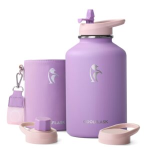 coolflask half gallon water bottle insulated with pu leather sleeve, 64 oz water bottle color contrast with straw lids, stainless steel metal large water jug, keep cold 48h hot 24h,lilac purple