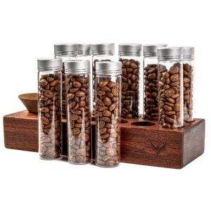 single dose coffee bean storage tubes knodos coffee bean cellar 10 pcs dosing glass vials with lids (2 oz) wooden display stand and funnel