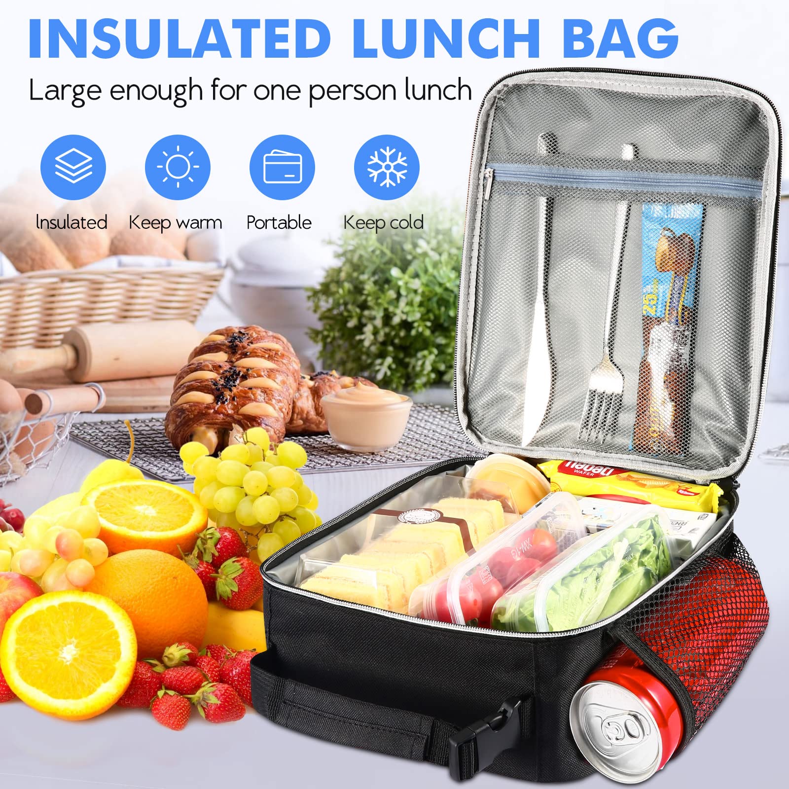 Lunch Box Insulated Lunch Bag - Durable Small Lunch Bag Reusable Adults Tote Bag Lunch Box for Adult Men Women (Black with Gray)