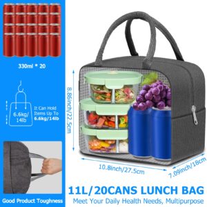 AURUZA 11L 20Cans Insulated Lunch Bag for Women Men, Reusable Lunch Box for Office Work Picnic Beach Travel, Leakproof Soft Cooler Tote Bag Freezable Lunch Bag for Adult (Gray)