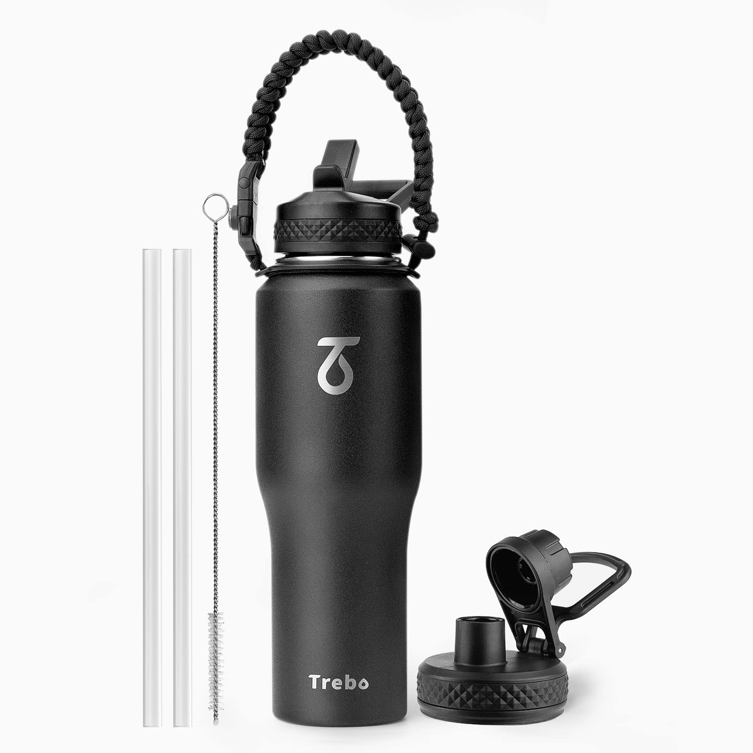 Trebo Water Bottle 32oz with Paracord Handle,Food-grade Double Wall Vacuum Stainless Steel Insulated Tumbler Flask with Straw Spout Lids,Leakproof Keep Cold & Hot,Fit in Any Car Cup Holder,Black