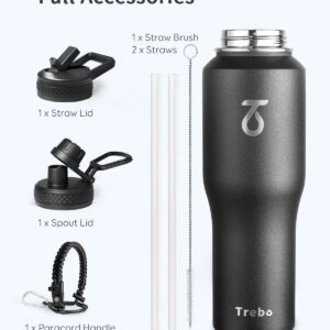 Trebo Water Bottle 32oz with Paracord Handle,Food-grade Double Wall Vacuum Stainless Steel Insulated Tumbler Flask with Straw Spout Lids,Leakproof Keep Cold & Hot,Fit in Any Car Cup Holder,Black