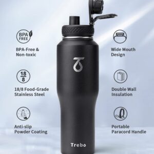 Trebo Water Bottle 32oz with Paracord Handle,Food-grade Double Wall Vacuum Stainless Steel Insulated Tumbler Flask with Straw Spout Lids,Leakproof Keep Cold & Hot,Fit in Any Car Cup Holder,Black