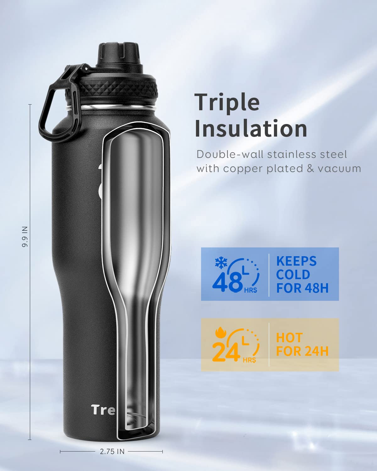 Trebo Water Bottle 32oz with Paracord Handle,Food-grade Double Wall Vacuum Stainless Steel Insulated Tumbler Flask with Straw Spout Lids,Leakproof Keep Cold & Hot,Fit in Any Car Cup Holder,Black