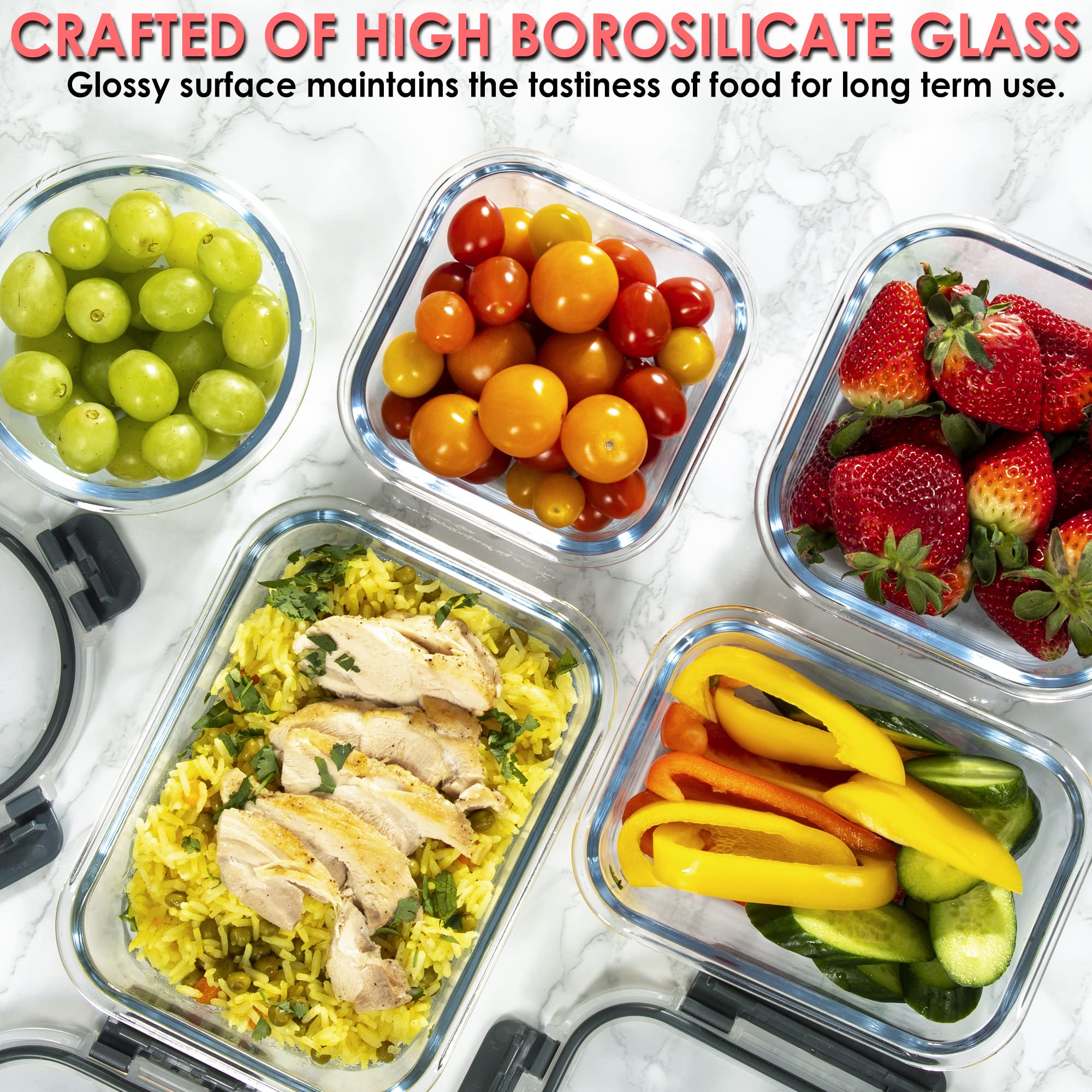 Glass Food Storage Containers with Lids - Hinged Locking Lids - 100% Leak Proof Glass Meal-Prep Containers Great for Lunch