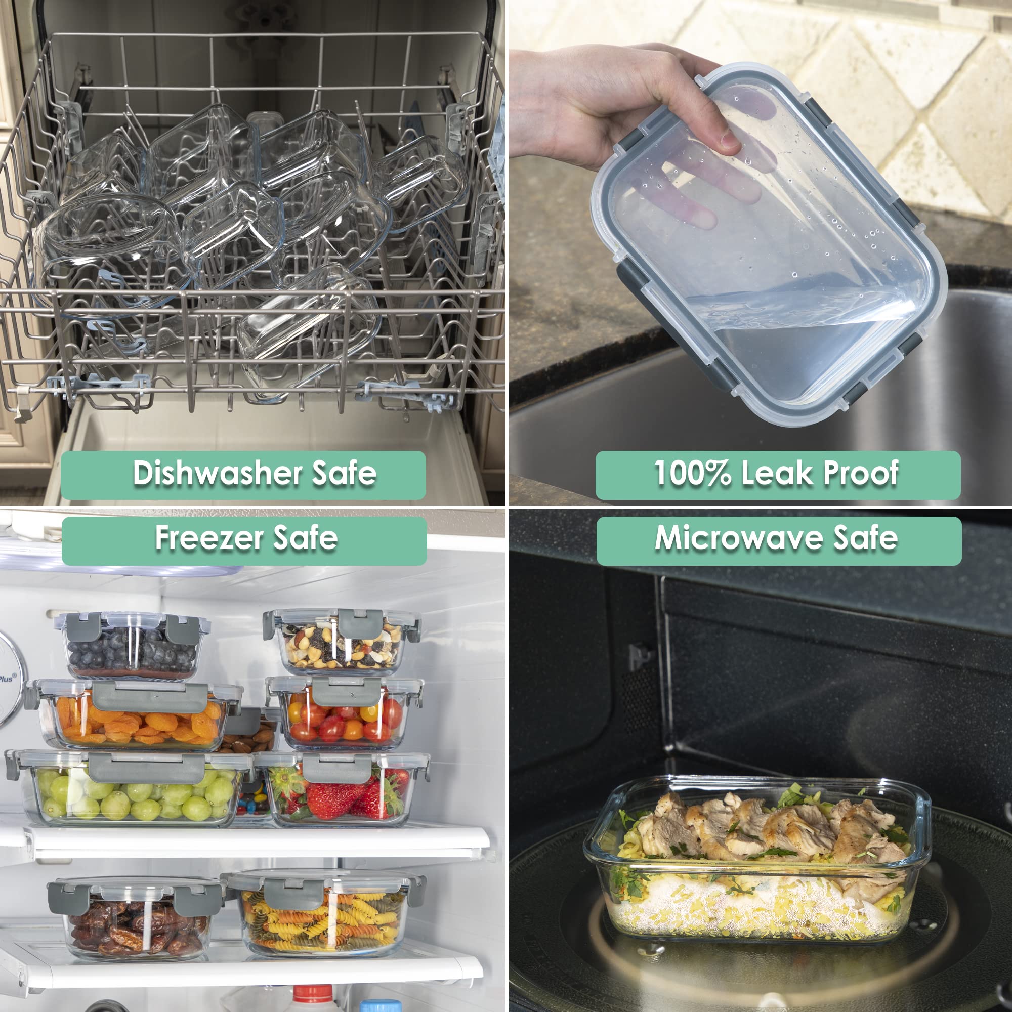 Glass Food Storage Containers with Lids - Hinged Locking Lids - 100% Leak Proof Glass Meal-Prep Containers Great for Lunch