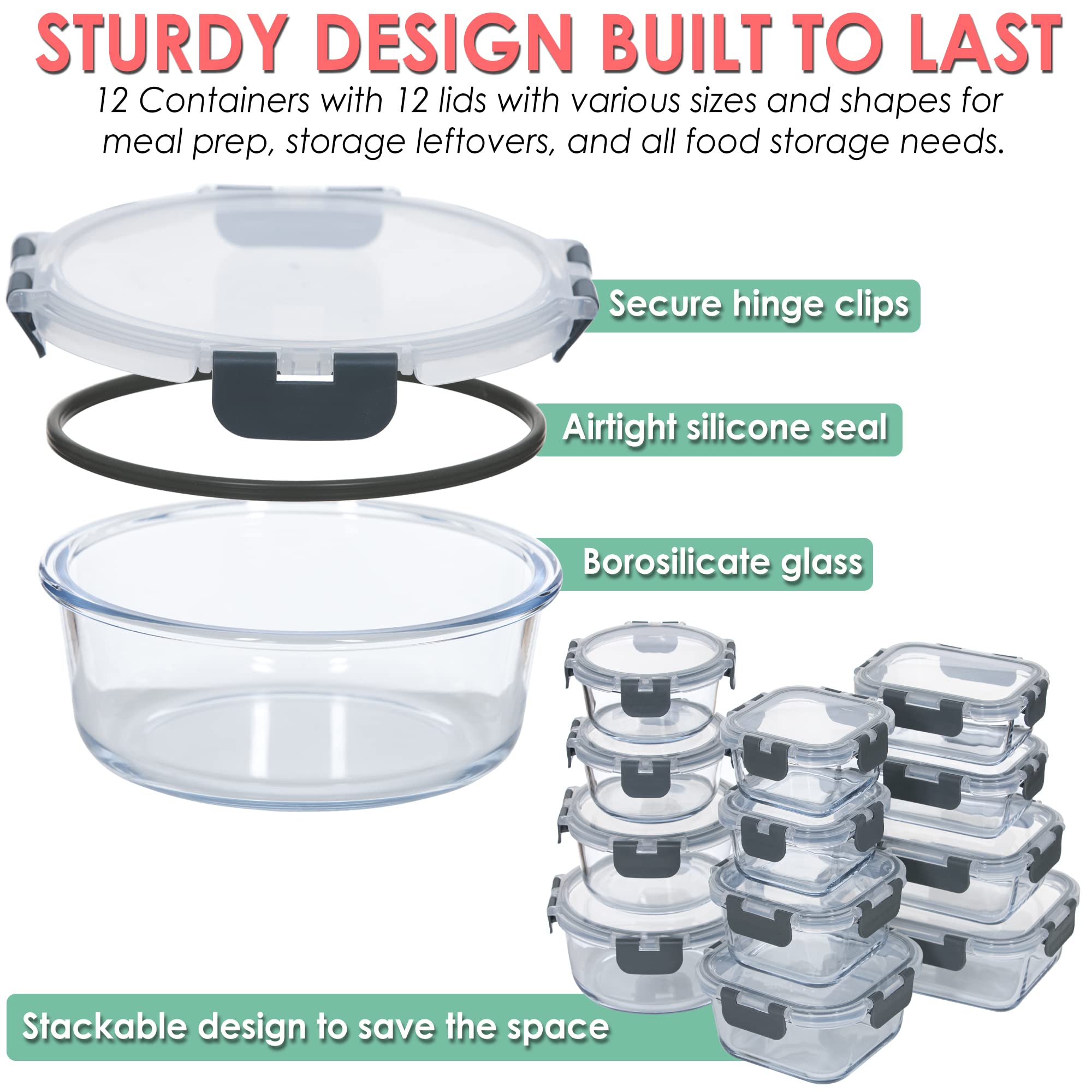 Glass Food Storage Containers with Lids - Hinged Locking Lids - 100% Leak Proof Glass Meal-Prep Containers Great for Lunch