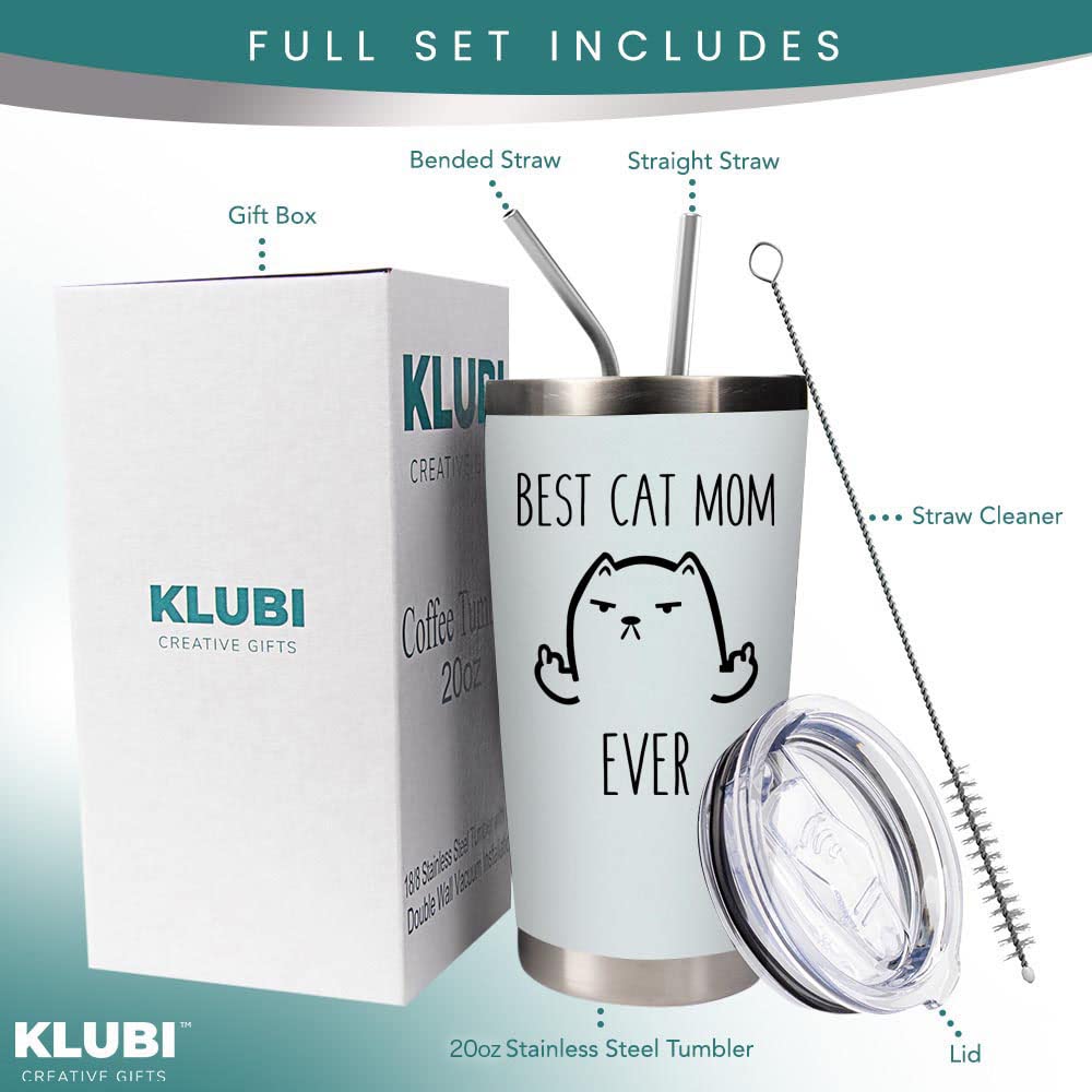 KLUBI Cat Mom Gifts for Women - Travel Mugs/Tumbler - 20oz Mug for Coffee/Tea-Funny Gifts for Cat Themed Things, Lovers, Crazy Cat Lady Gift