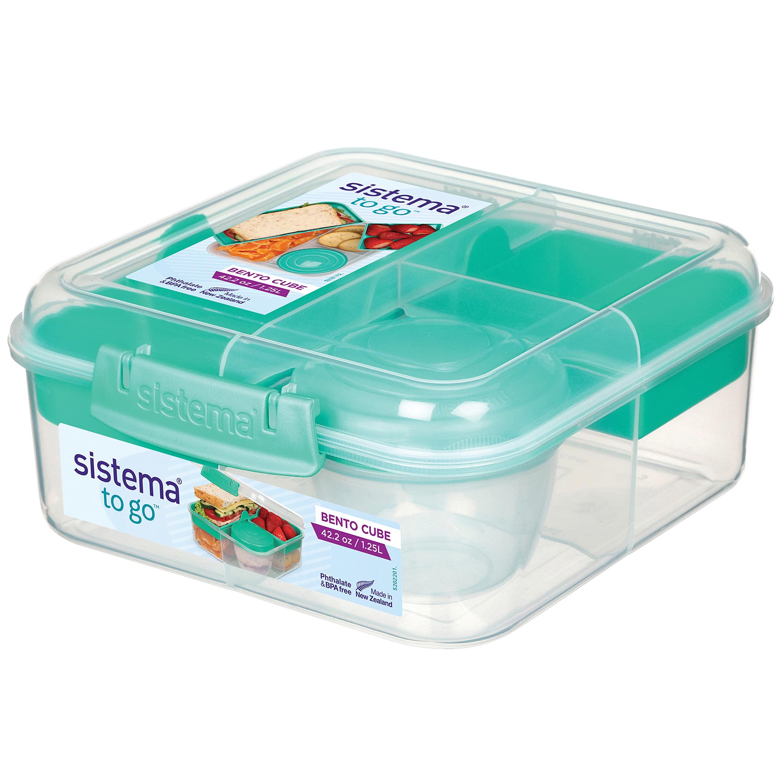 Sistema Bento Box Lunch Box with 3 Compartments, 2 Removable Trays, and Salad Dressing Container, Dishwasher Safe, Color May Vary