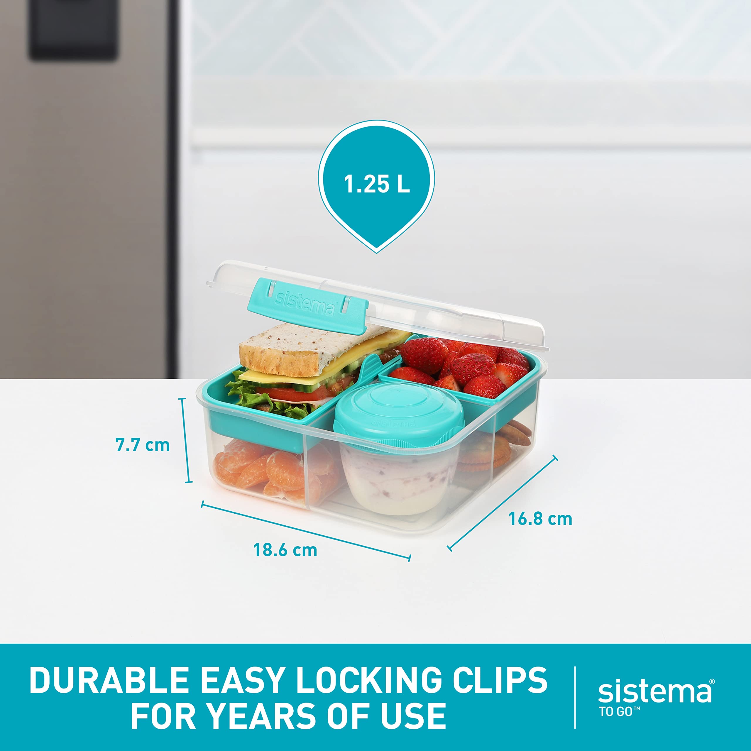 Sistema Bento Box Lunch Box with 3 Compartments, 2 Removable Trays, and Salad Dressing Container, Dishwasher Safe, Color May Vary