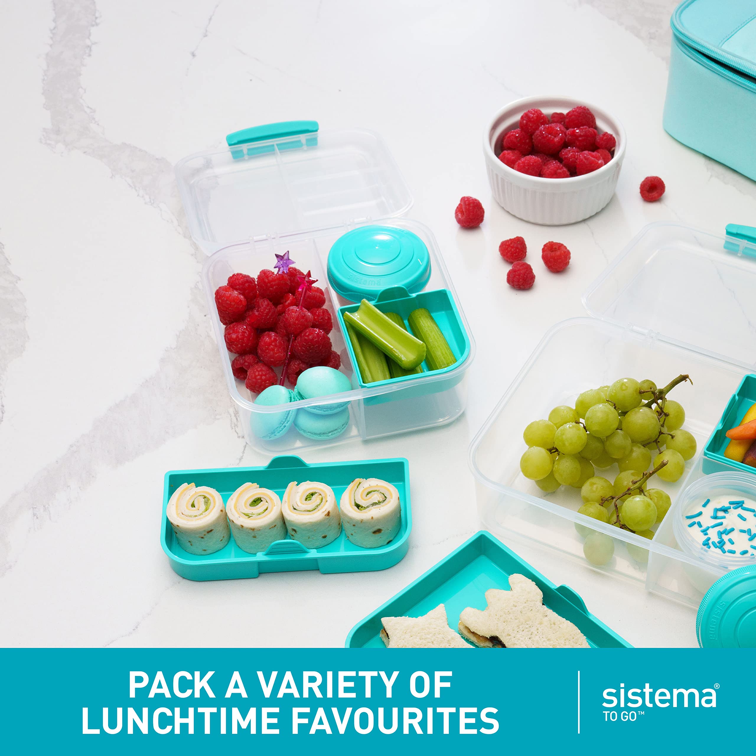 Sistema Bento Box Lunch Box with 3 Compartments, 2 Removable Trays, and Salad Dressing Container, Dishwasher Safe, Color May Vary