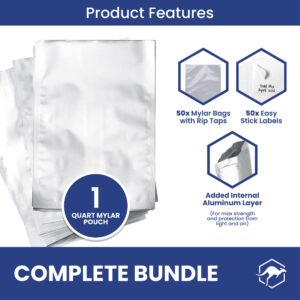 50x Wallaby 1-Quart Mylar Bag Bundle - (5 Mil - 7" x 10") Mylar Bags + 50x Labels - Heat Sealable, Food Safe, & Reliable Long Term-Food Storage Solutions - Silver