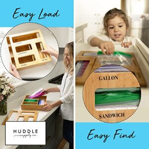 HUDDLE Food Storage Bag Organizer - Slide-Lid Easy-Load Ziplock Bag Organizer 4 Section Bamboo Ziplock Bag Organizer for Drawer, Counter, Wall Baggie Organizer