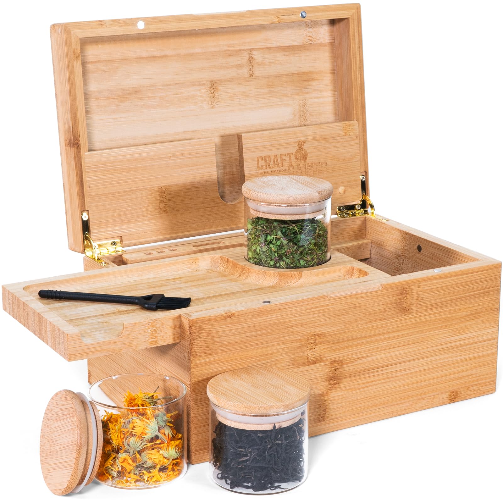 CraftSaints Bamboo Storage Box with Rolling Tray, Large Wooden Container Brush & 3 Airtight Jars, Improved Design with Increased Durability. Complete Kit for Herbs & Accessories