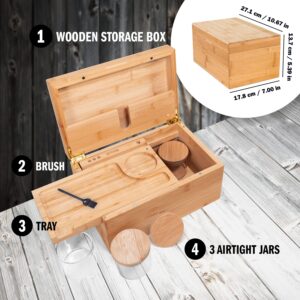 CraftSaints Bamboo Storage Box with Rolling Tray, Large Wooden Container Brush & 3 Airtight Jars, Improved Design with Increased Durability. Complete Kit for Herbs & Accessories