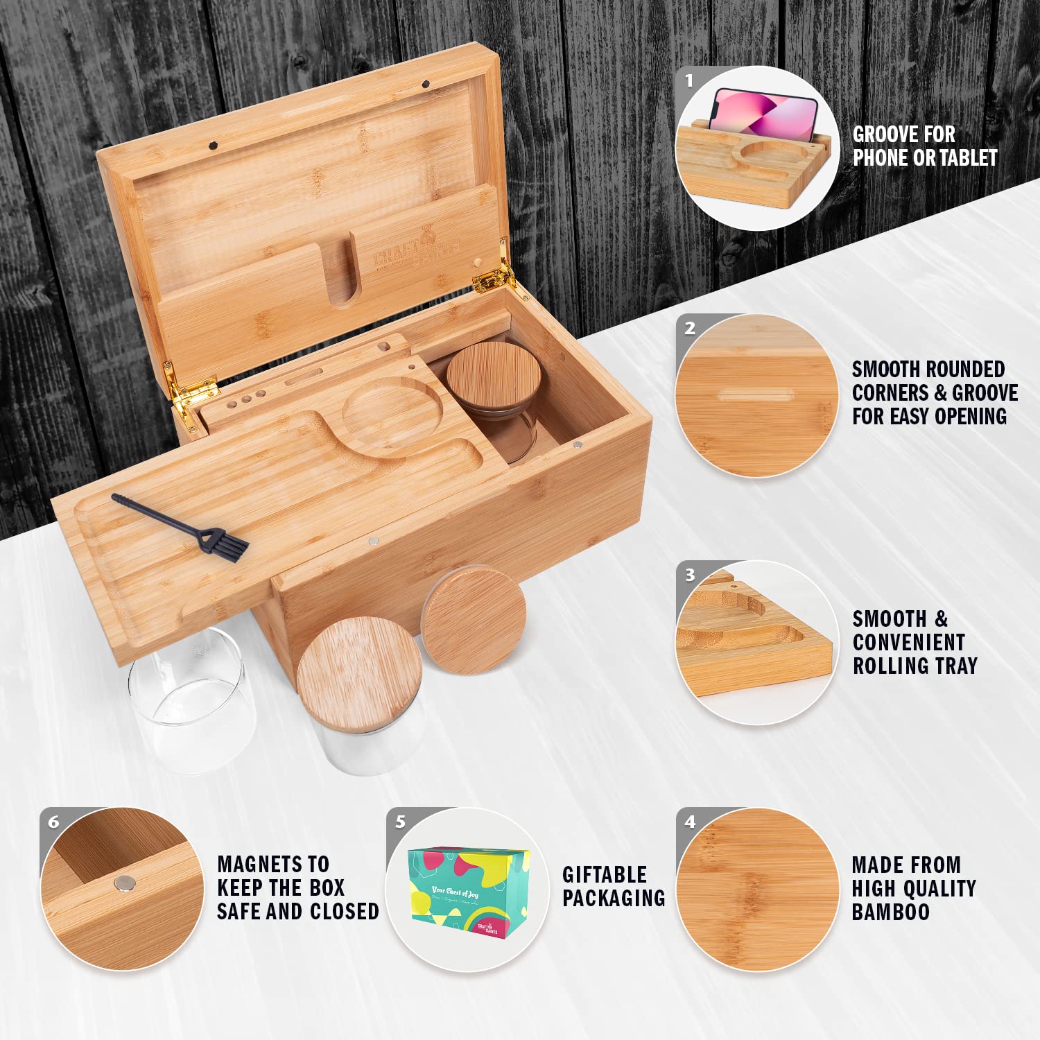 CraftSaints Bamboo Storage Box with Rolling Tray, Large Wooden Container Brush & 3 Airtight Jars, Improved Design with Increased Durability. Complete Kit for Herbs & Accessories