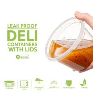 Elegant Disposables 12 OZ - 24 Sets Plastic Deli Food Storage Containers with Airtight Flexible Lids Microwavable, Leak Free, Washable, Freezer Safe.