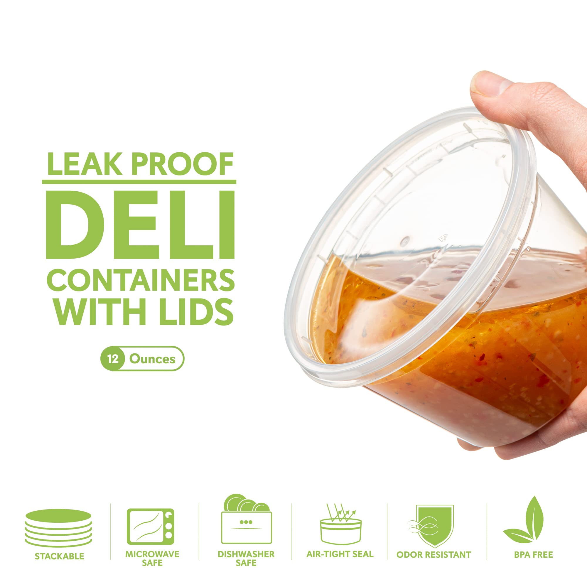 Elegant Disposables 12 OZ - 24 Sets Plastic Deli Food Storage Containers with Airtight Flexible Lids Microwavable, Leak Free, Washable, Freezer Safe.