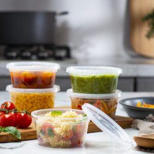 Elegant Disposables 12 OZ - 24 Sets Plastic Deli Food Storage Containers with Airtight Flexible Lids Microwavable, Leak Free, Washable, Freezer Safe.