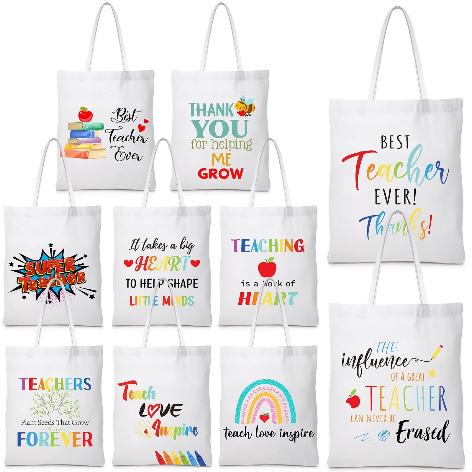 Chunful 10 Pack Teacher Tote Bags Bulk Inspirational Gifts for Women Christmas Teacher Appreciation Gift Rainbow Bags(Cute)