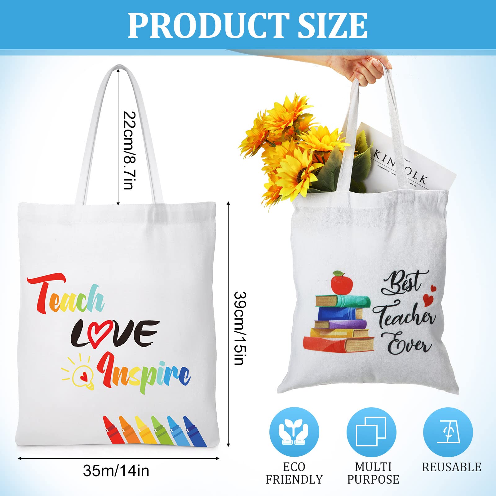 Chunful 10 Pack Teacher Tote Bags Bulk Inspirational Gifts for Women Christmas Teacher Appreciation Gift Rainbow Bags(Cute)