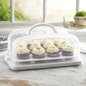 mosjos 2in1 cupcake carrier and cake keeper with lid, cupcake box to fit 12, sturdy, bpa-free cupcake holder with two secure side closures, dishwasher safe (white)