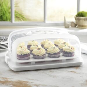 MosJos 2in1 Cupcake Carrier and Cake Keeper with Lid, Cupcake Box to Fit 12, Sturdy, BPA-Free Cupcake Holder with Two Secure Side Closures, Dishwasher Safe (White)