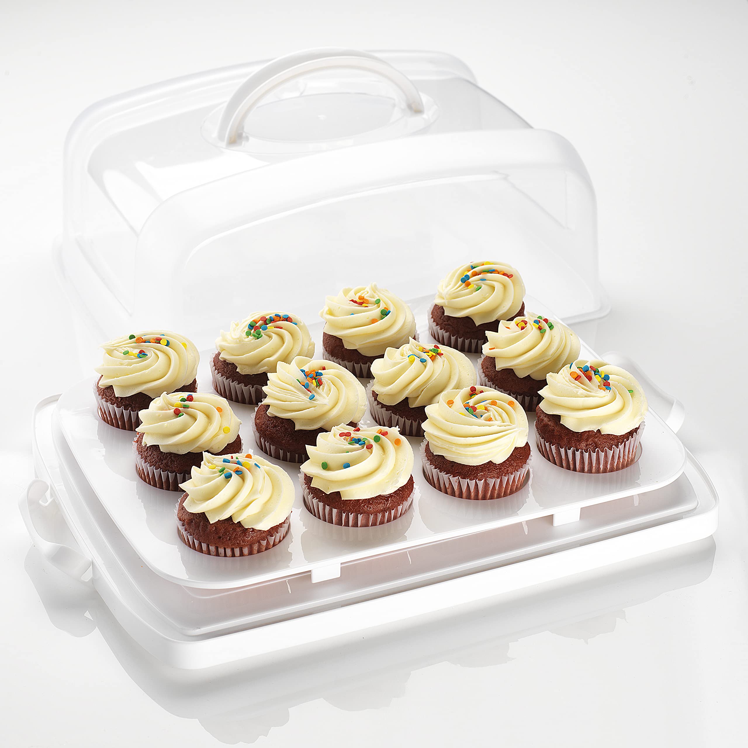 MosJos 2in1 Cupcake Carrier and Cake Keeper with Lid, Cupcake Box to Fit 12, Sturdy, BPA-Free Cupcake Holder with Two Secure Side Closures, Dishwasher Safe (White)