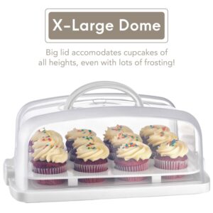 MosJos 2in1 Cupcake Carrier and Cake Keeper with Lid, Cupcake Box to Fit 12, Sturdy, BPA-Free Cupcake Holder with Two Secure Side Closures, Dishwasher Safe (White)