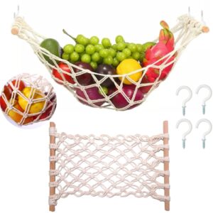 zarami fruit hammock for kitchen under cabinet-macramé fruit hammock basket for bananas with 4 hooks for kitchen, hanging banana hammock fruit holder, produce hammock, rv fruit hammock