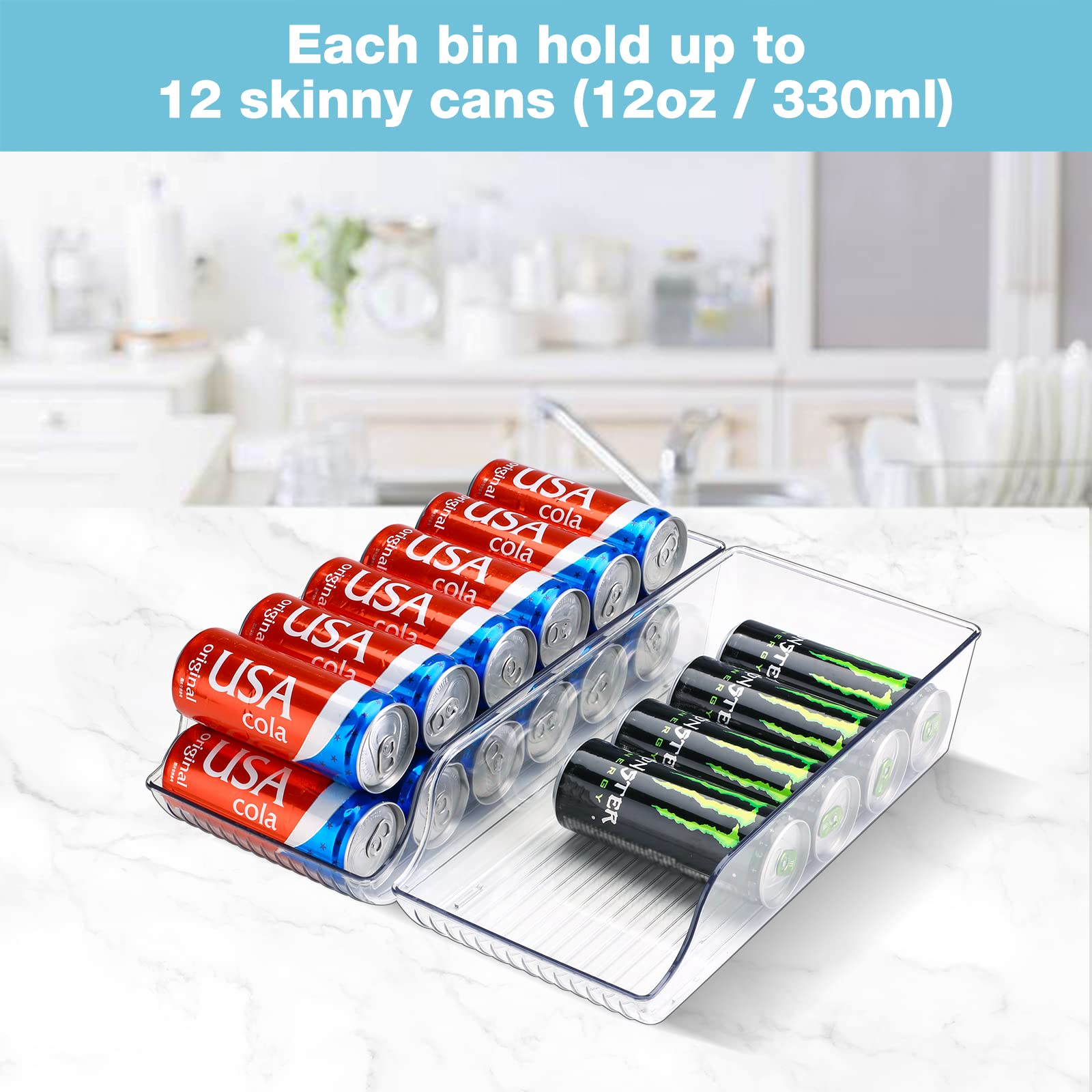 Puricon 2 Pack Refrigerator Organizer Bins Can Dispenser Storage Holder, Soda Beverage Canned Food Container Bin Clear Plastic Pantry Storage Rack for Fridge Kitchen Countertops Cabinets -Skinny Can