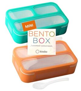 kinsho mini lunch-box snack containers for kids | small bento-box portion container | leak-proof boxes for school work travel | best for adults boys or girls | blue + orange set of 2