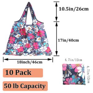 Xanllaxa 10 Pack Reusable Grocery Bags,50LBS Fashion Washable Bag Foldable with Pouch Cute Flower Durable Shopping Totes for Foods Groceries