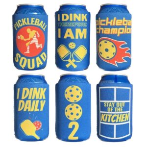 brew pants pickleball themed coozies - great gift for any pickleballer - premium neoprene material - 6 pack (standard 12oz beer/soda can) (design set 1)