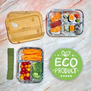 EcoPreps Glass Bento Box Containers with Bamboo Lids, 3 Compartment Glass Meal Prep Containers [3 Pack] - 100% Plastic Free, Eco-Friendly Glass Lunch Containers, Bamboo Glass Bento Boxes for Adults