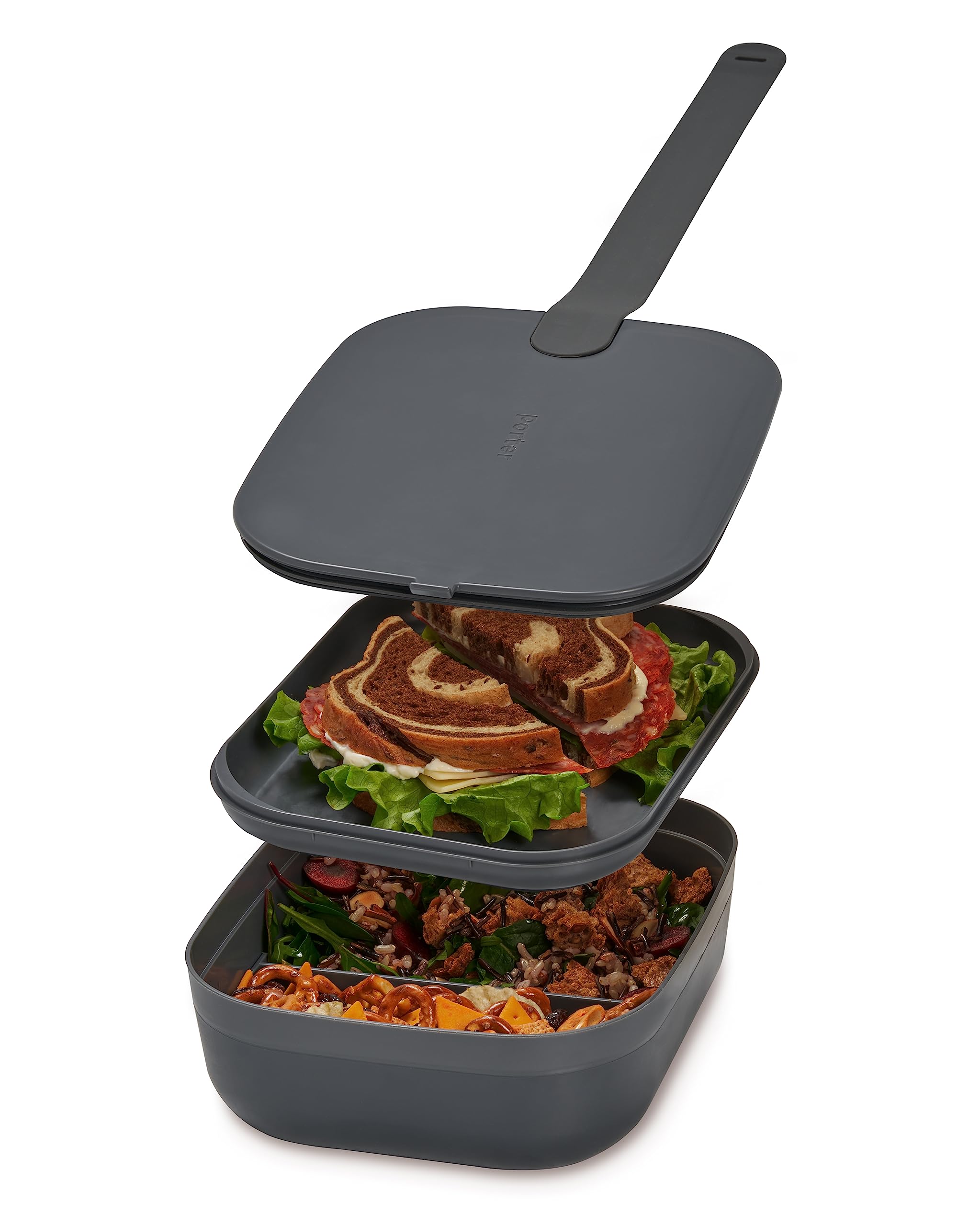 W&P Porter Bento Lunch Box, 3 Compartment Bento Box Portable Adult Lunch Box with Snap Strap- Food Container, BPA Free, Dishwasher and Microwave Safe, Charcoal, Medium