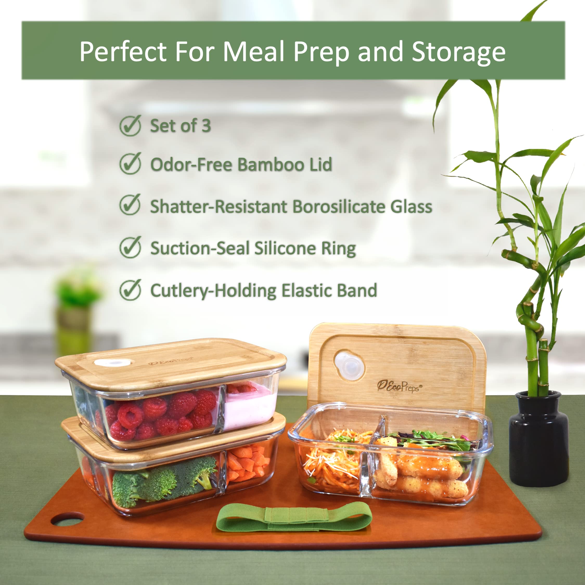 EcoPreps Glass Bento Box Containers with Bamboo Lids, 3 Compartment Glass Meal Prep Containers [3 Pack] - 100% Plastic Free, Eco-Friendly Glass Lunch Containers, Bamboo Glass Bento Boxes for Adults