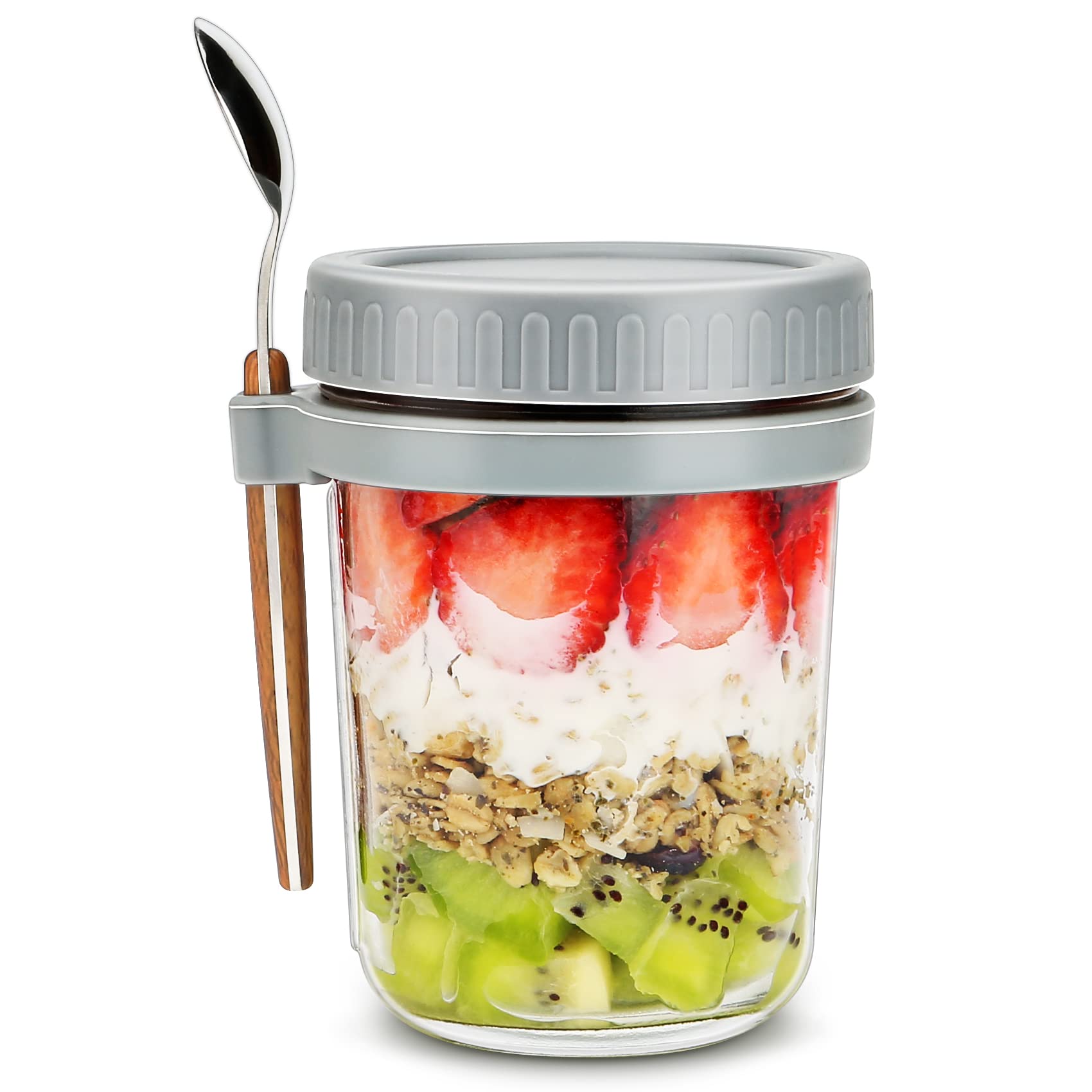 Stoto Overnight Oats Jars，Vegetable and fruit Salad Storage，Overnight Oats Container with Lid and Spoon (Grey)