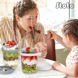 Stoto Overnight Oats Jars，Vegetable and fruit Salad Storage，Overnight Oats Container with Lid and Spoon (Grey)