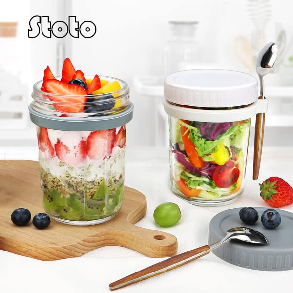 Stoto Overnight Oats Jars，Vegetable and fruit Salad Storage，Overnight Oats Container with Lid and Spoon (Grey)